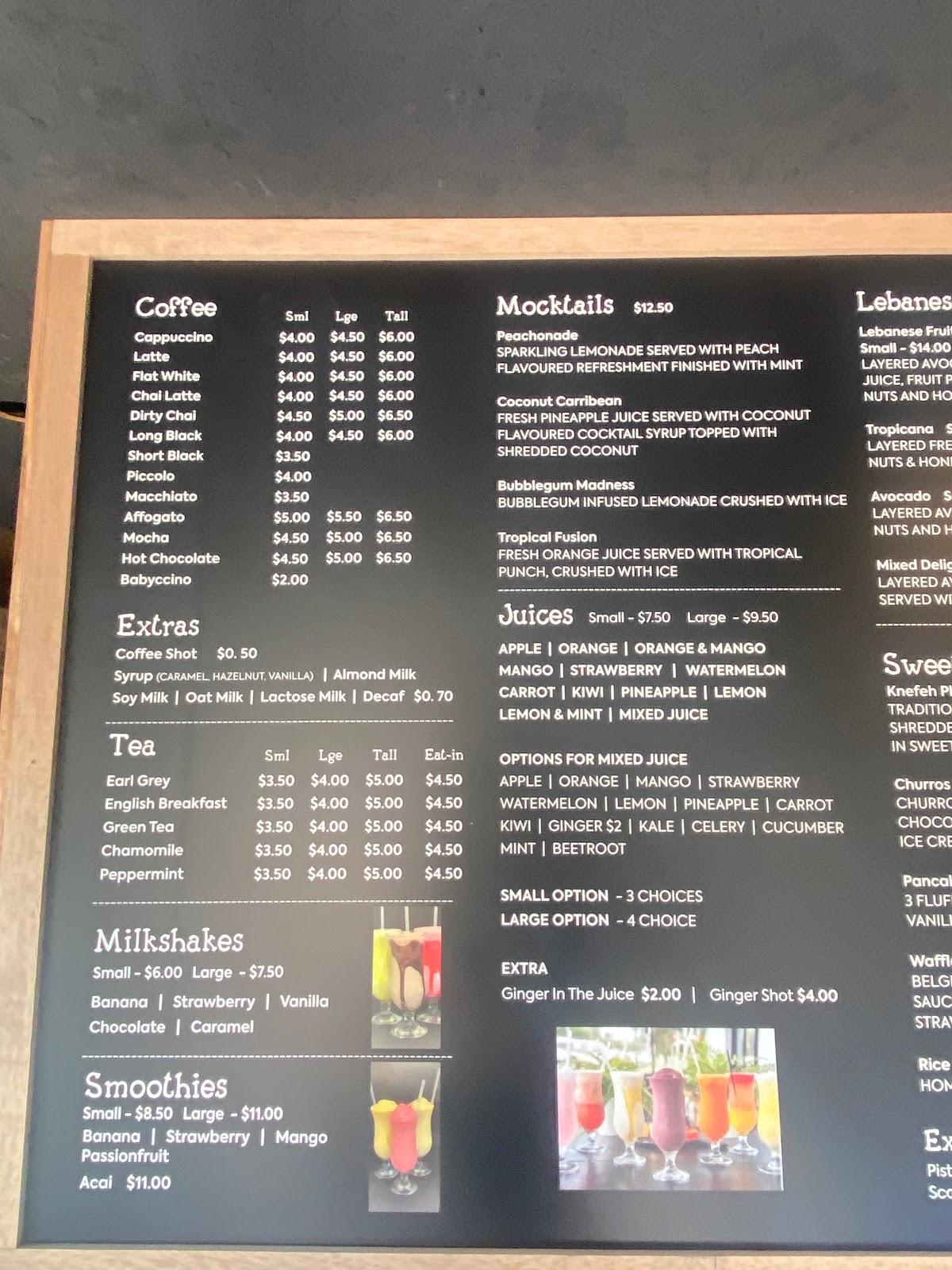 Menu at North Bean Cafe, Avalon Beach