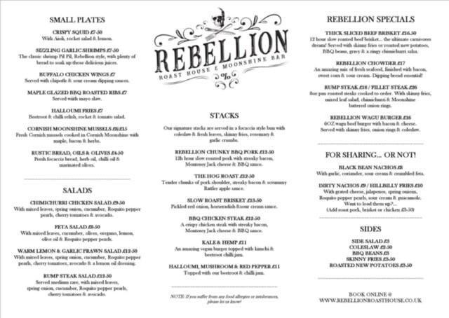 Menu at Rebellion Roast House restaurant, Saint Austell, Sun Valley ...