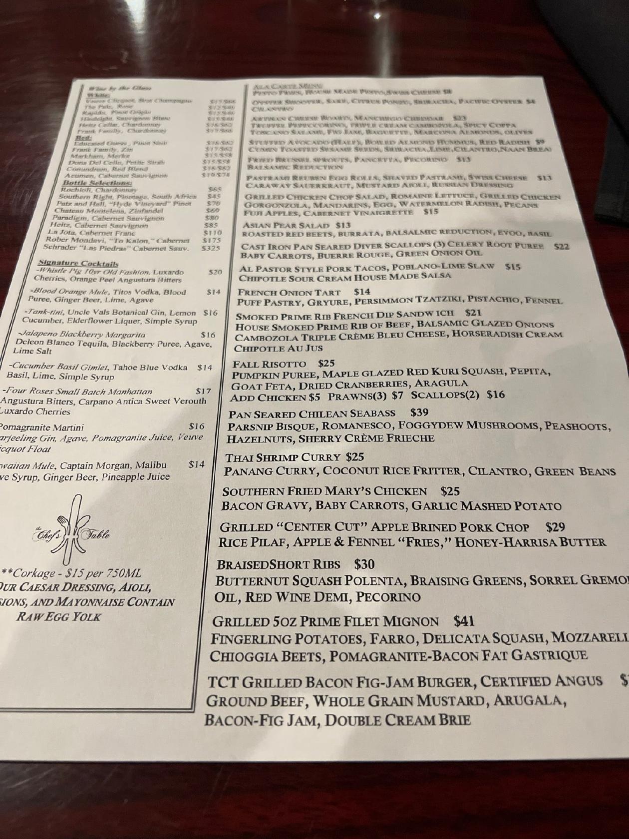 Menu at The Chef's Table pub & bar, Rocklin
