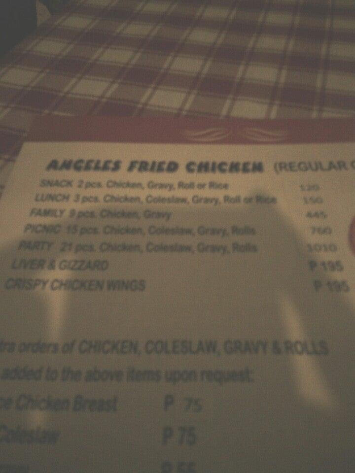 Menu at Angeles Fried Chicken restaurant, Angeles, Marlim Ave
