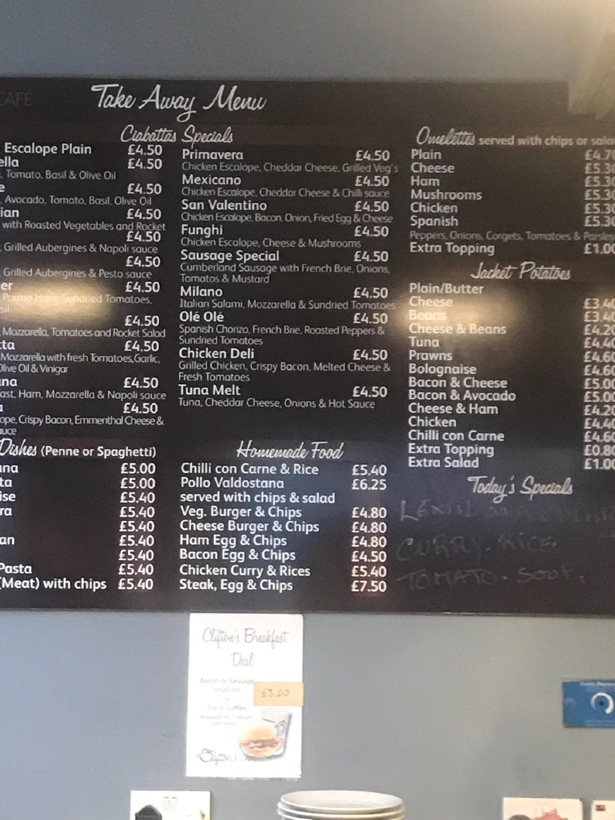 Menu at Clifton's Café cafe, London