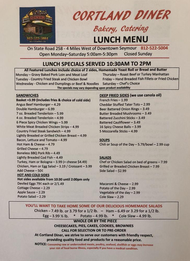 Menu at Cortland IN Diner restaurant, Seymour