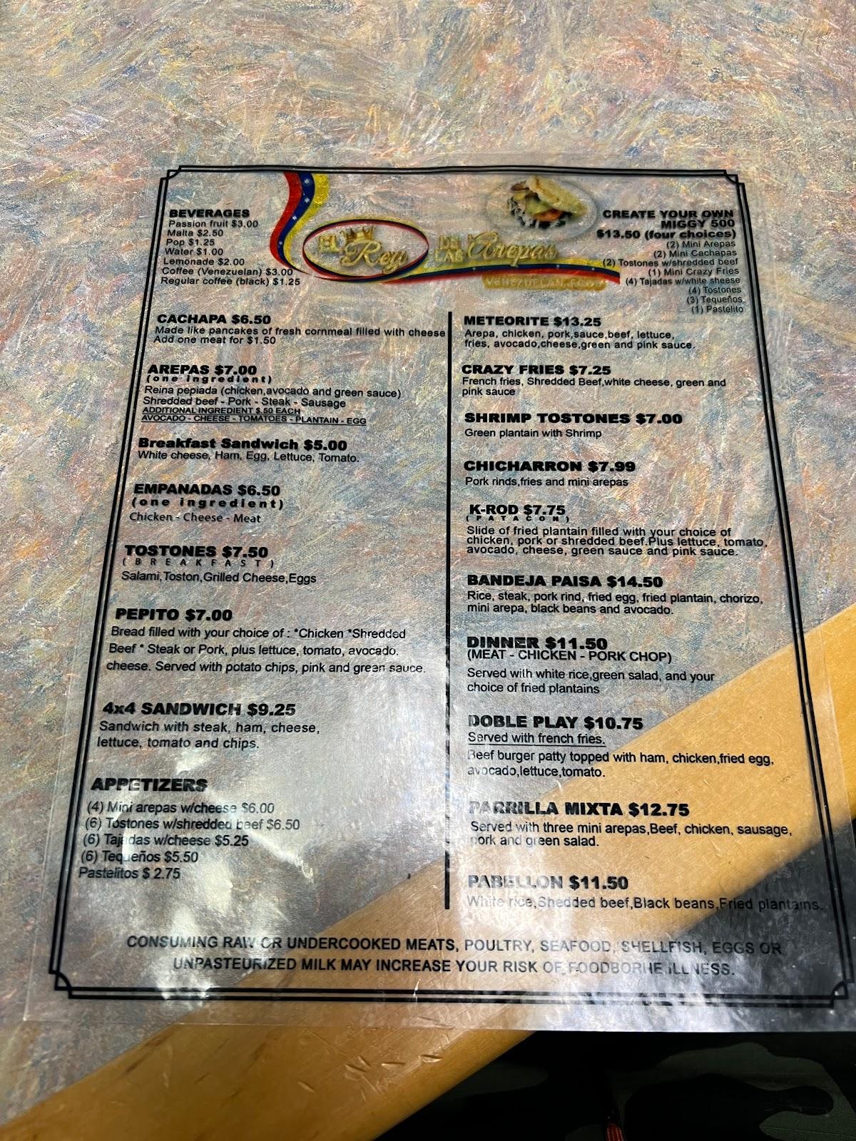 Menu at El Rey de las Arepas restaurant, Detroit, McGraw Ave