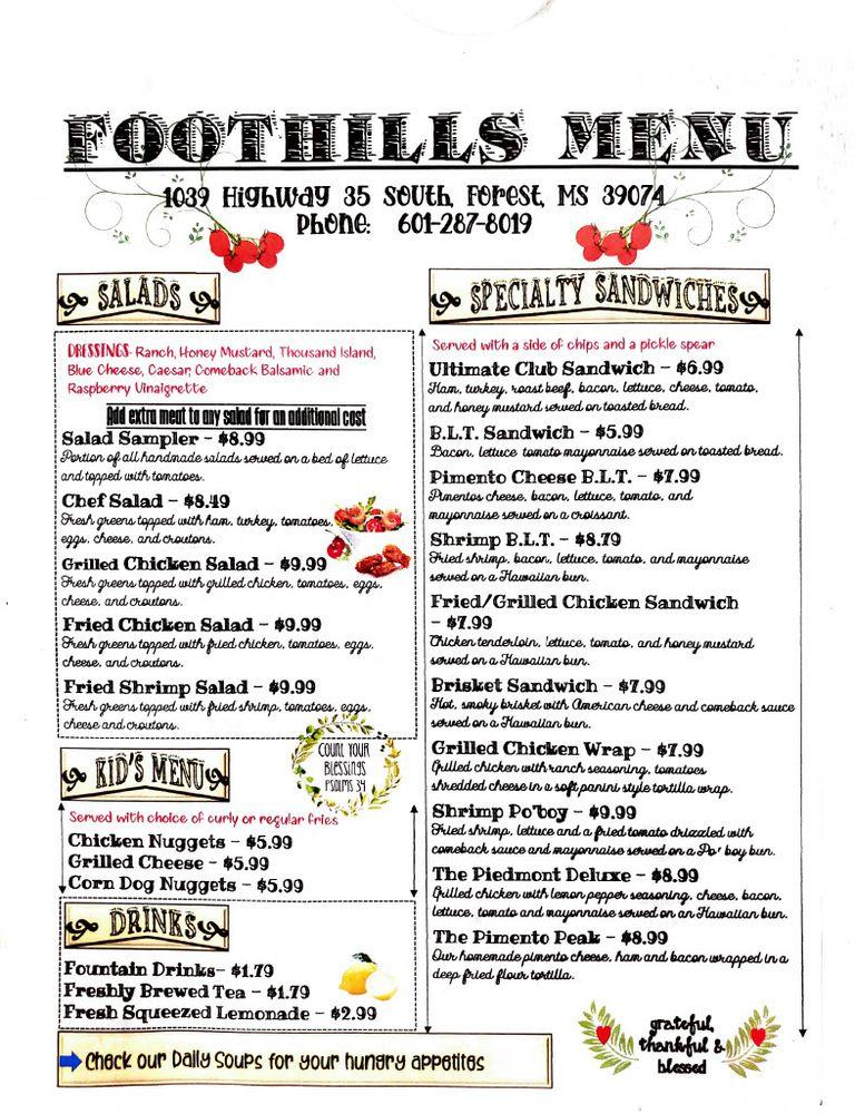 Menu at Foothills Diner restaurant, Forest