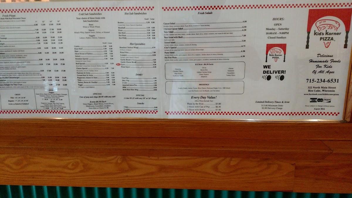 Menu at Kid's Korner Pizza pizzeria, Rice Lake