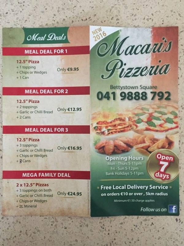 Menu at Macari's Bettystown Fish & Chips Pizzeria, Bettystown