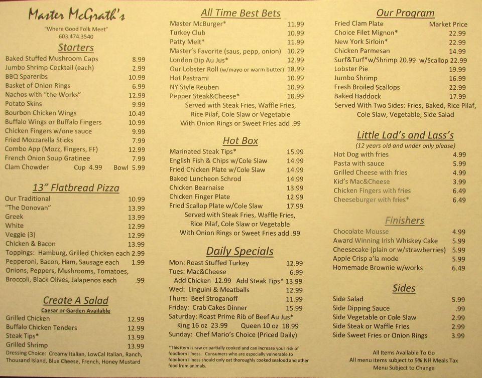 Menu at Master McGrath's pub & bar, Seabrook, 8 Batchelder Rd
