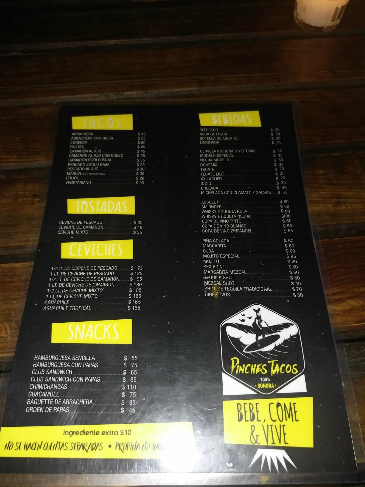 Carta del restaurante Pinches Tacos, Puerto Escondido, Blvd Benito ...