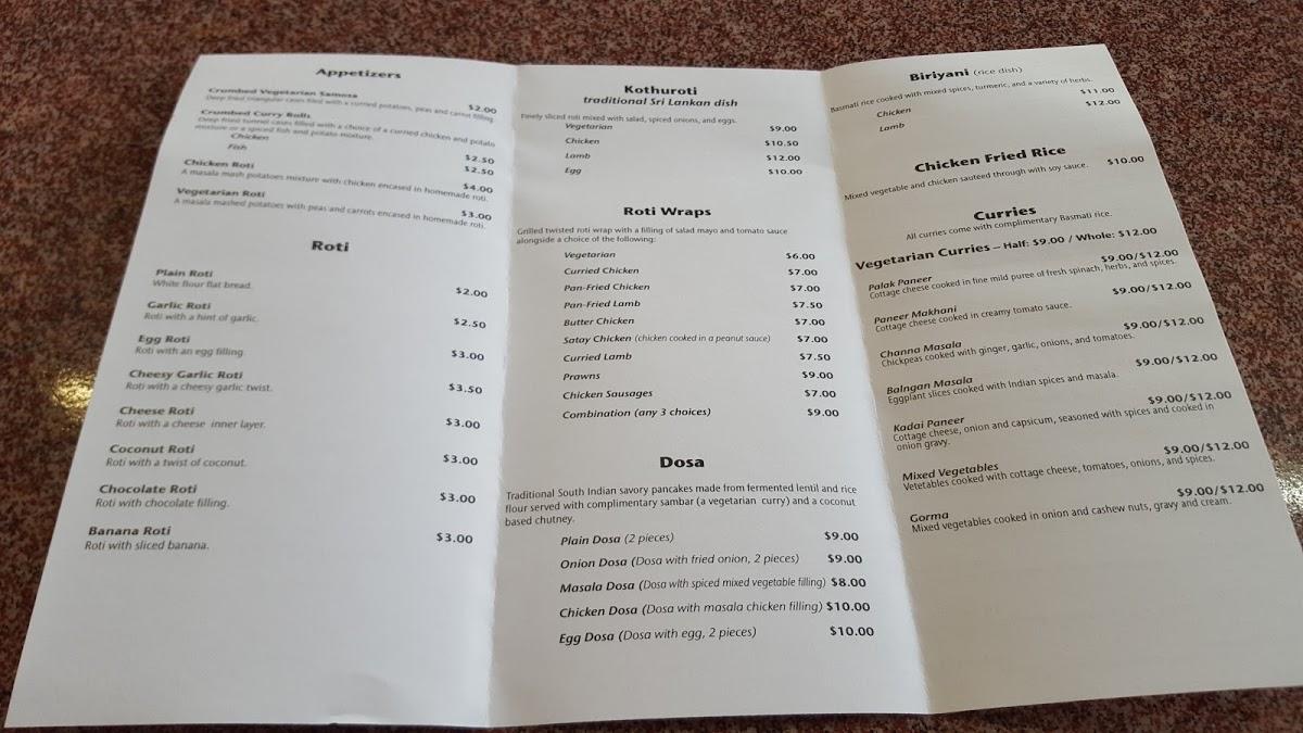 Menu at Roti Variety restaurant, Wellington