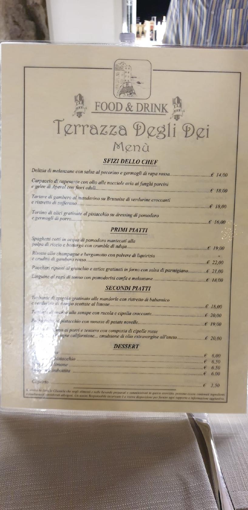 Speisekarte von Terrazza degli Dei restaurant, Tropea