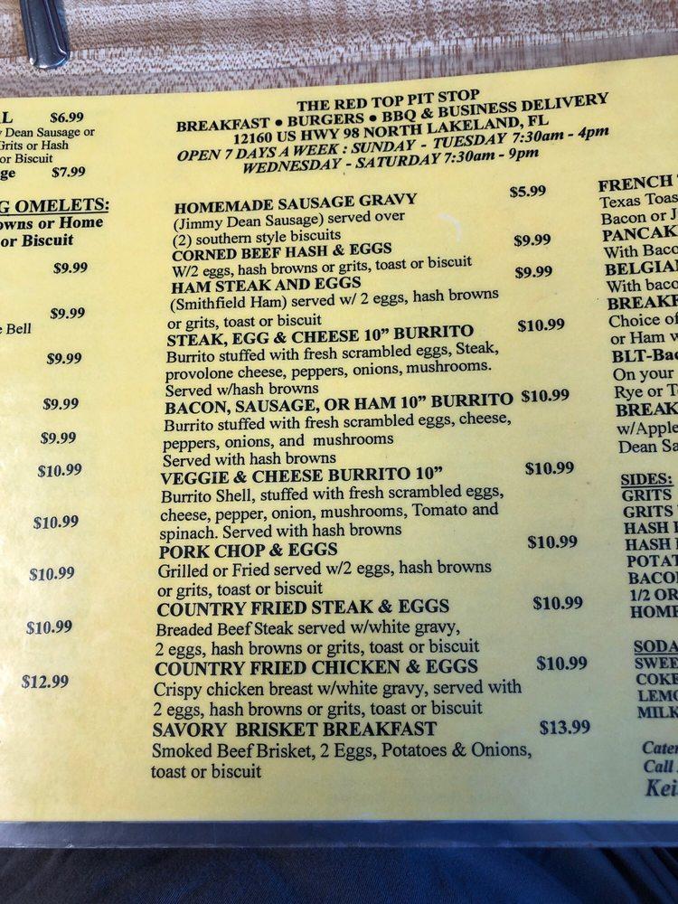 Menu at The Red Top Pit Stop BBQ, Lakeland, US Hwy 98 N