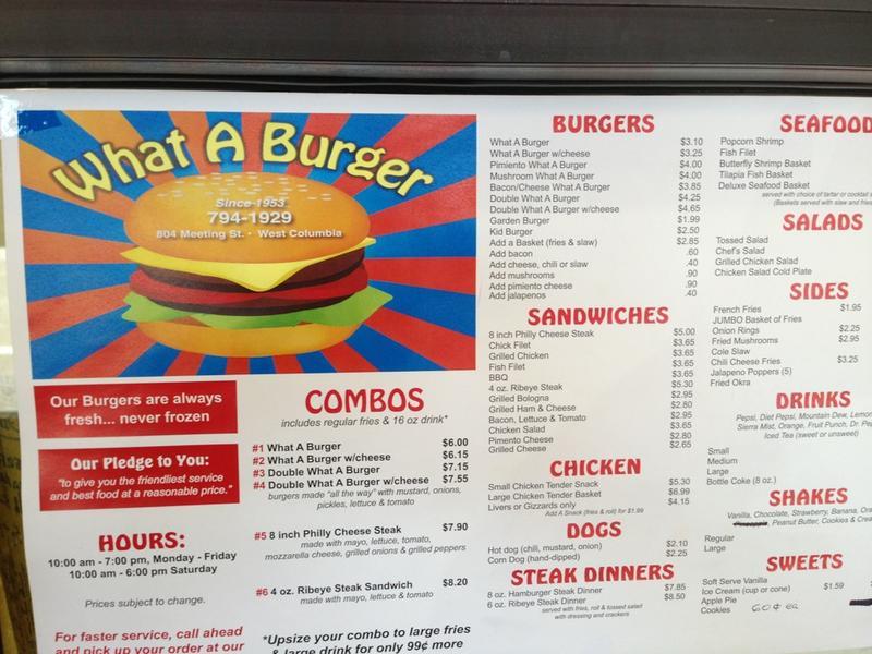 Menu at What-A-Burger fast food, West Columbia
