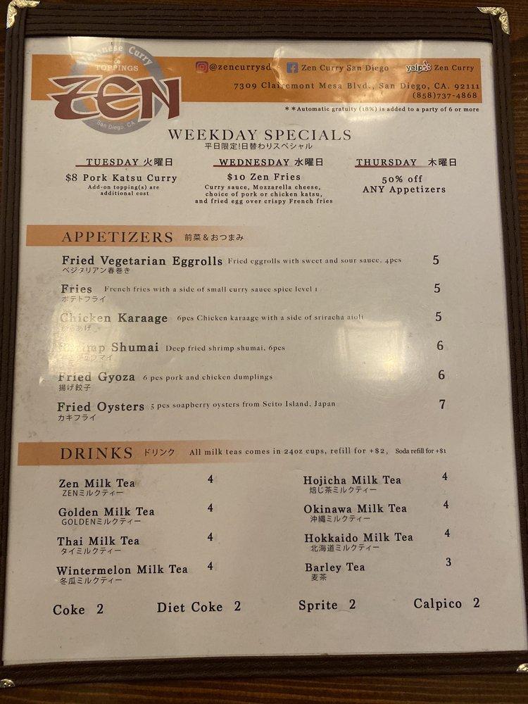 Menu at Zen Curry restaurant, San Diego
