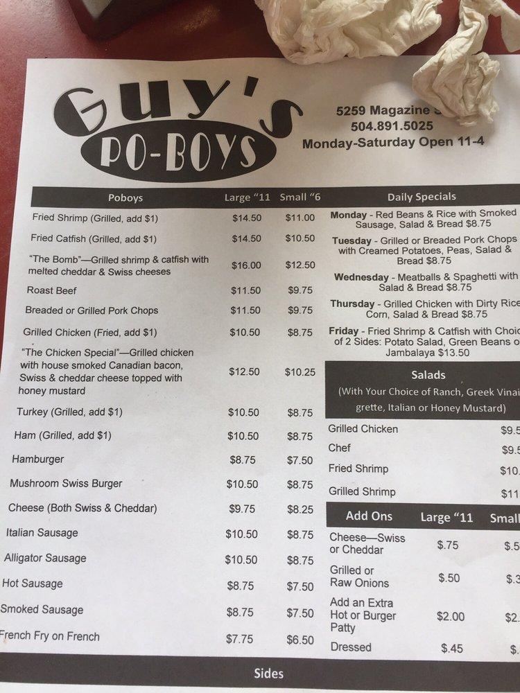 Menu at Guy's Po-Boys restaurant, New Orleans