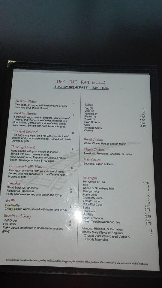 Menu at Off the Rail Downtown restaurant, Vero Beach