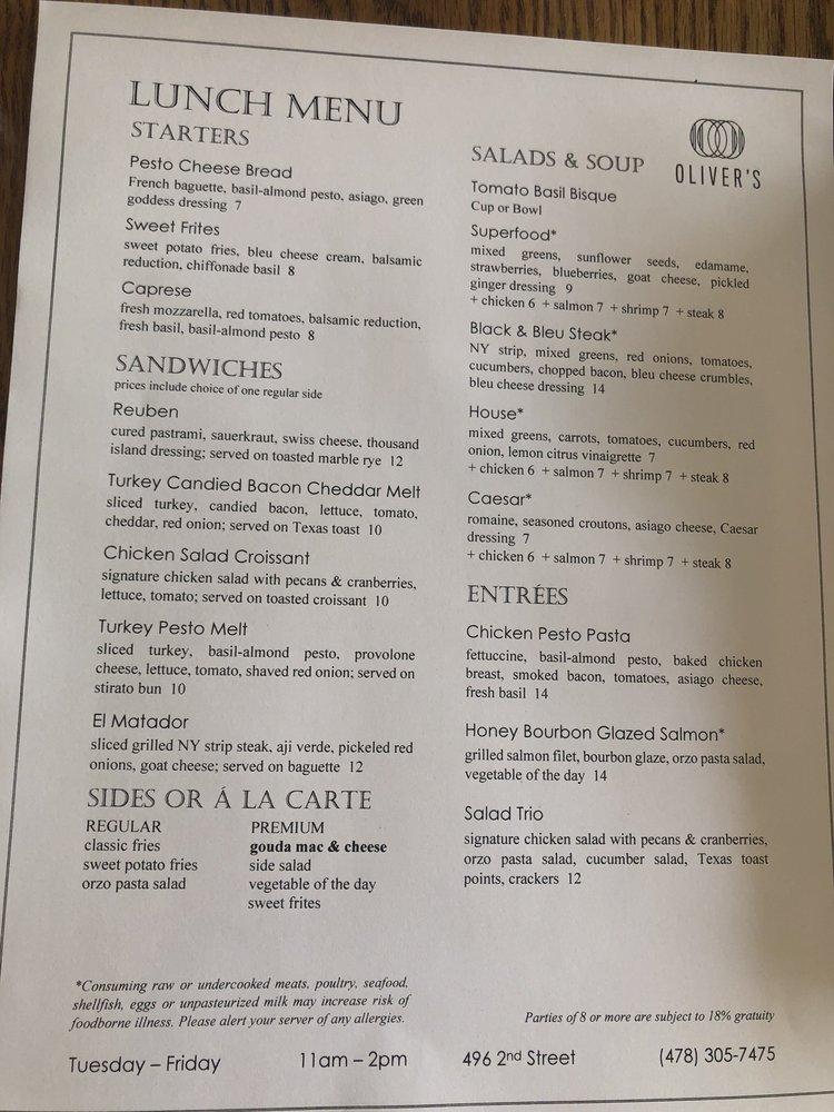 Menu at Oliver's Corner Bistro restaurant, Macon