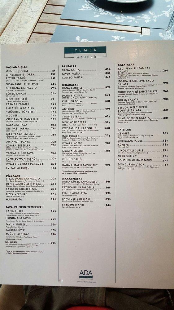 Menu at Ada Baro Bahçe, Istanbul