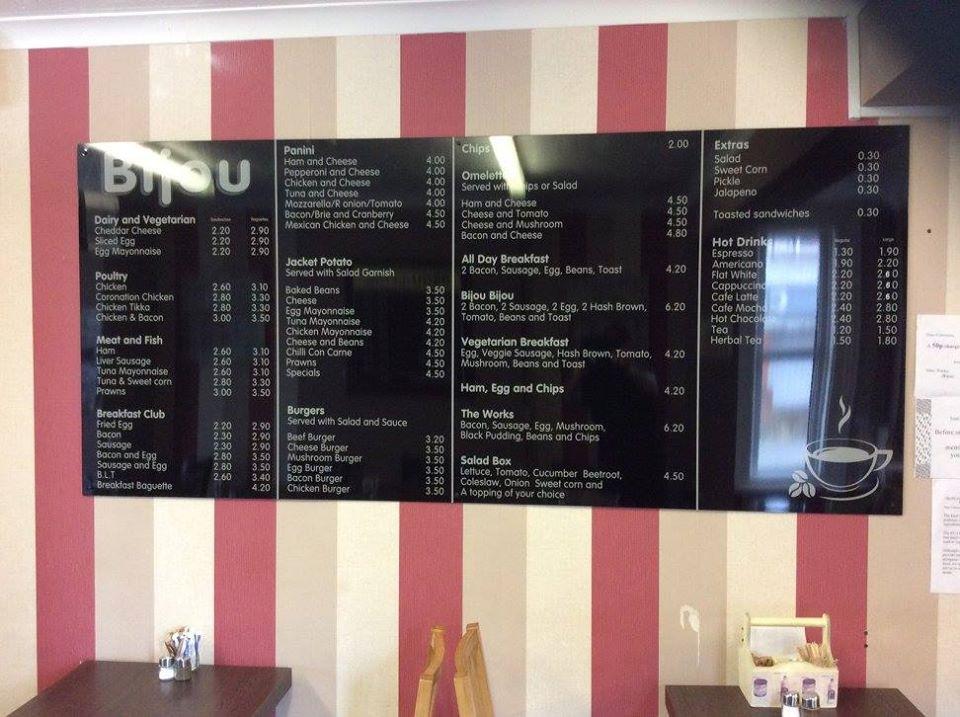Menu at Bijou cafe, Camberley