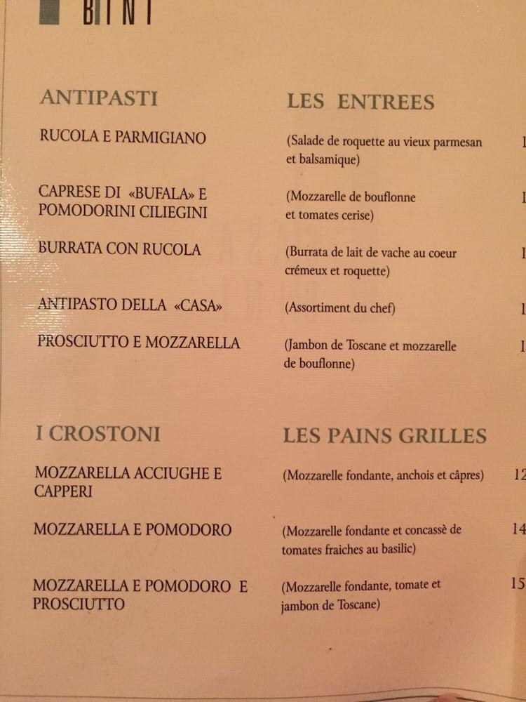 Menu at Casa Bini restaurant, Paris