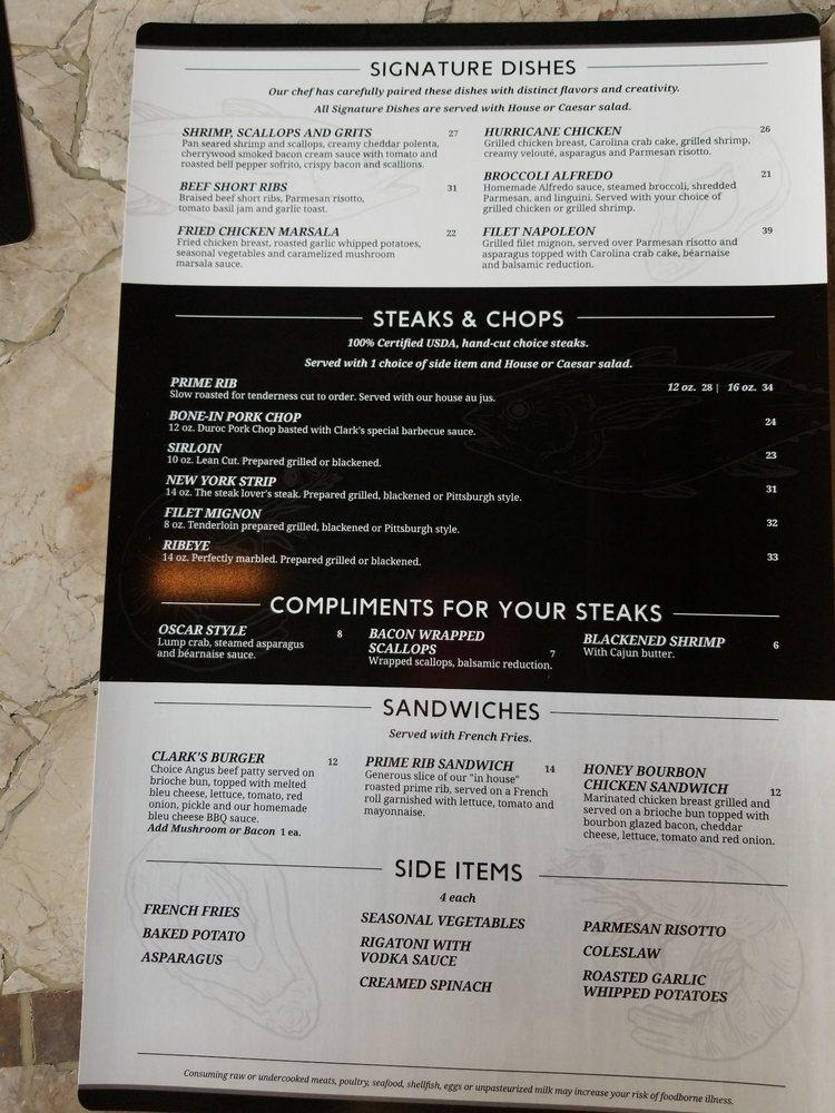 Menu at Clark's Seafood & Chop House pub & bar, Little River