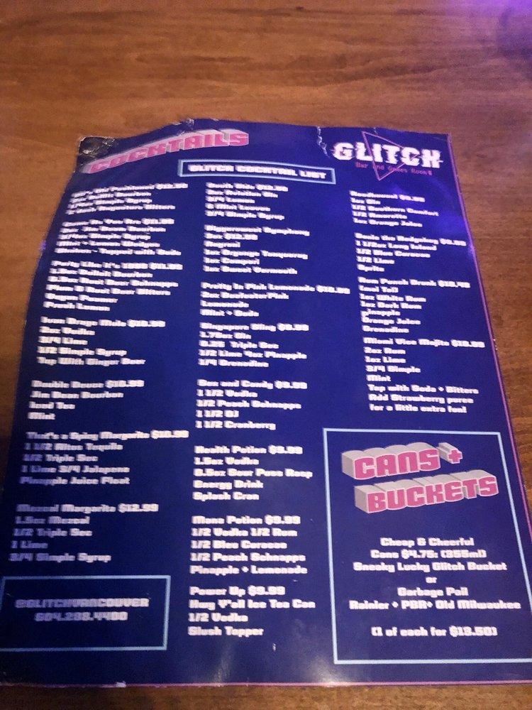 Menu at Glitch Retro Arcade Bar, Vancouver