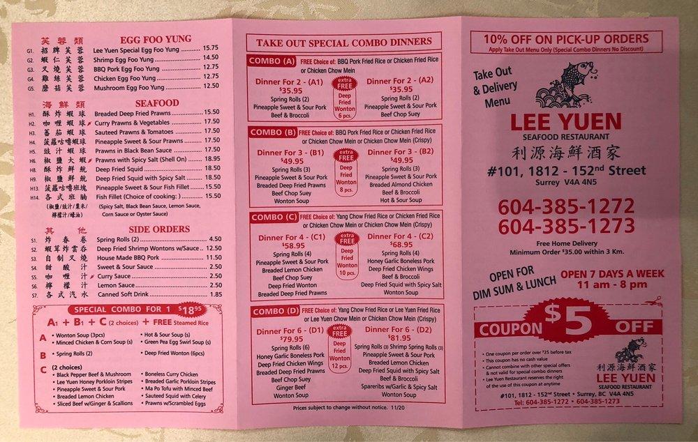 Menu at Lee Yuen Seafood Restaurant, Surrey, 152 St #101
