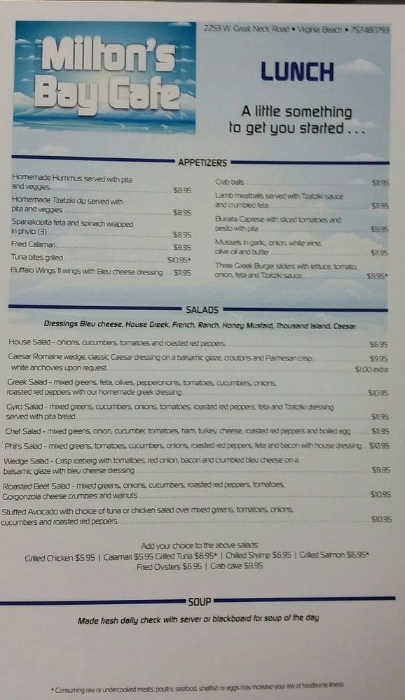 Menu at Milton's Bay Cafe, Virginia Beach