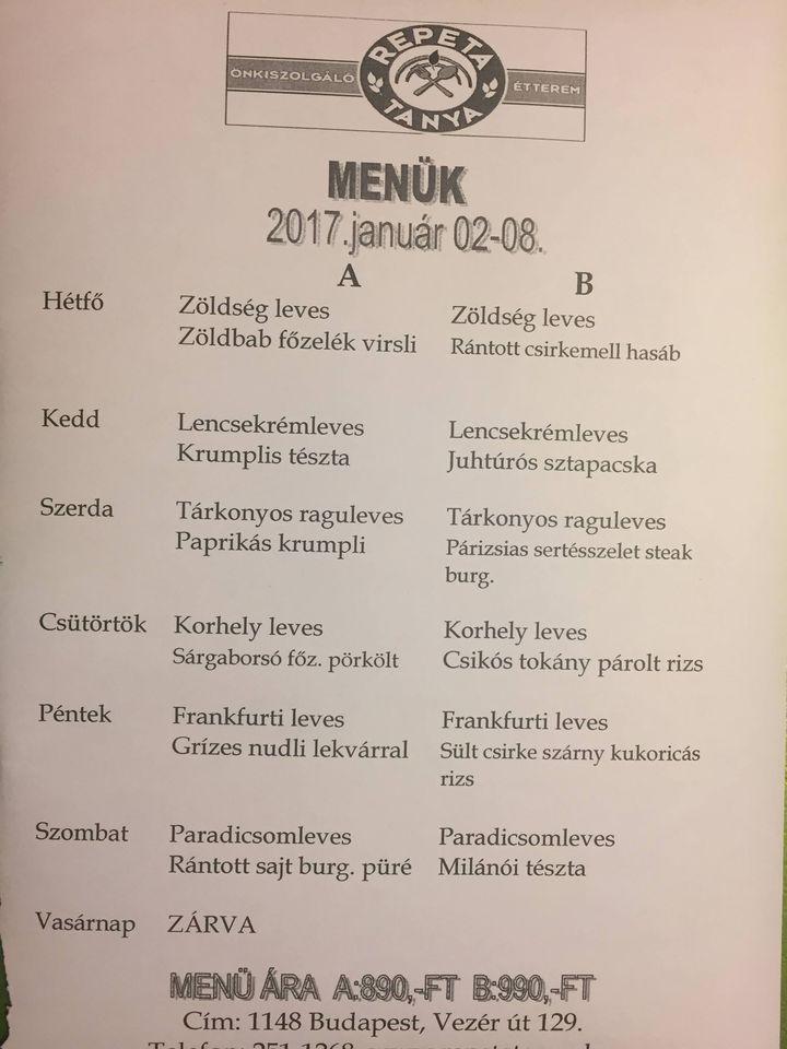 Menu at Repeta Tanya restaurant, Budapest