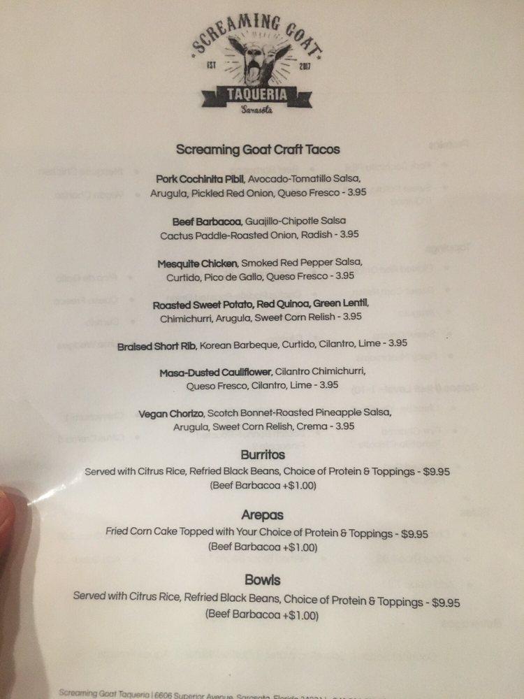 Menu at Screaming Goat Taqueria restaurant, Sarasota