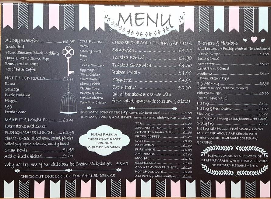 Menu at The Madhouse Bakery, Glenrothes