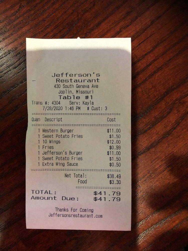 Menu at Jefferson's restaurant, Joplin, 430 Geneva Ave Suite 100