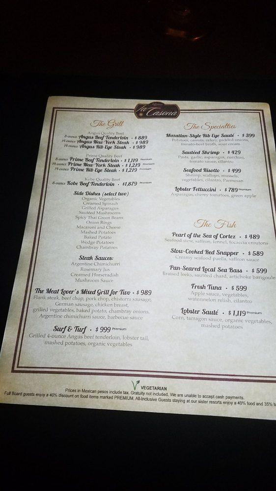Menu at La Casona at Villa La Estancia steakhouse, Cabo San Lucas