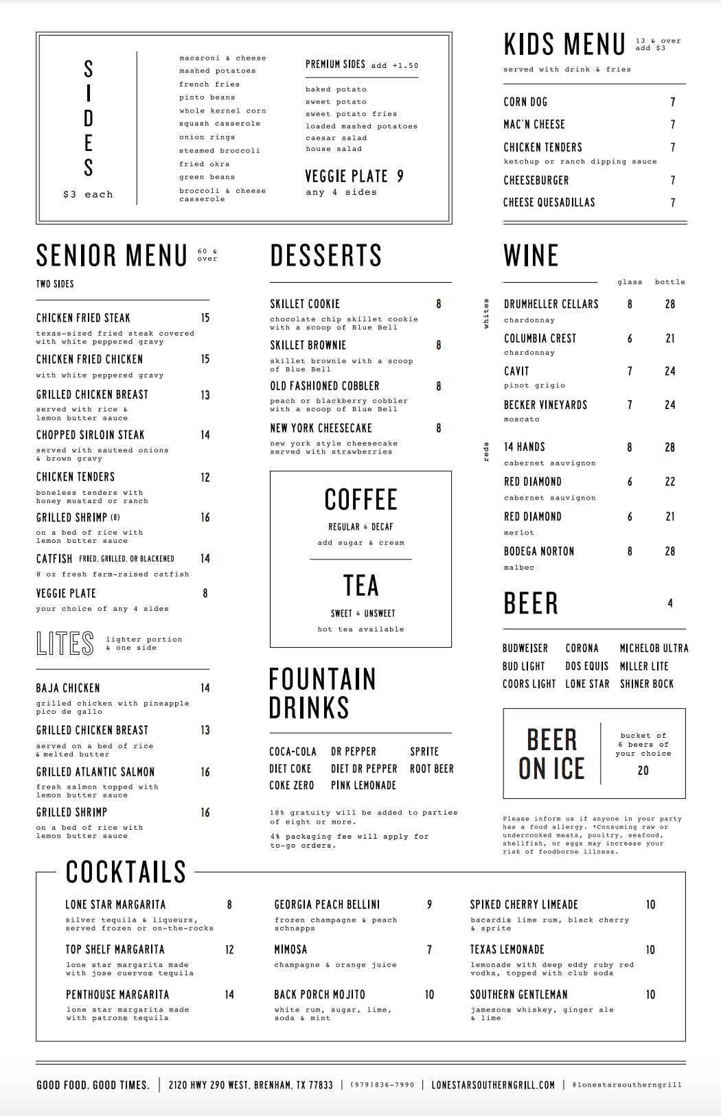 Menu at Lone Star Southern Grill steakhouse, Brenham
