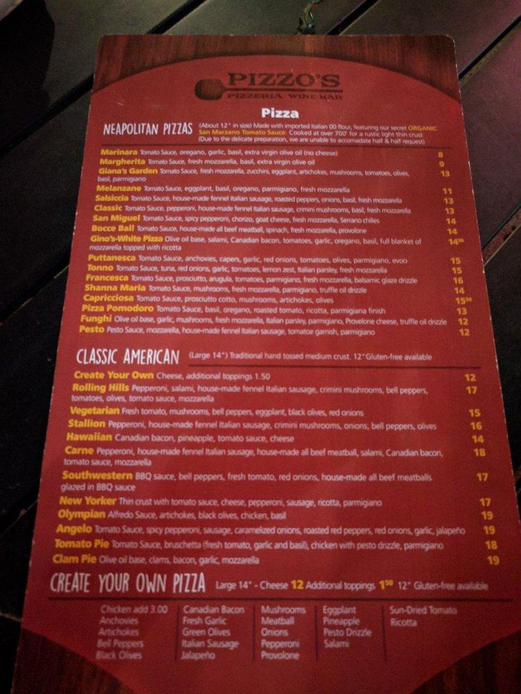 Menu at Pizzo's Pizzeria and Wine Bar, Chula Vista