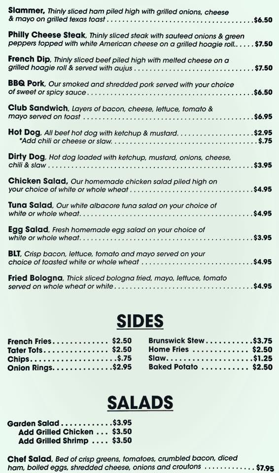 Menu at Sautee Trail Cafe, USA