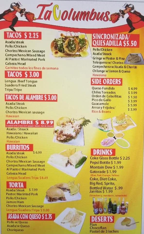 Menu at TaColumbus restaurant, Columbus