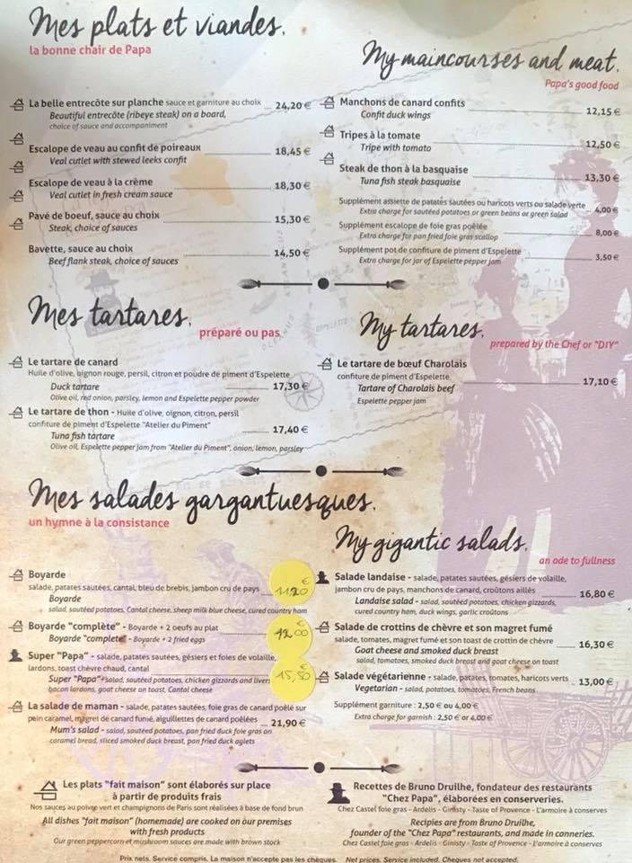 Carta del restaurante Chez Papa, Paris, 59 Rue del Clichy