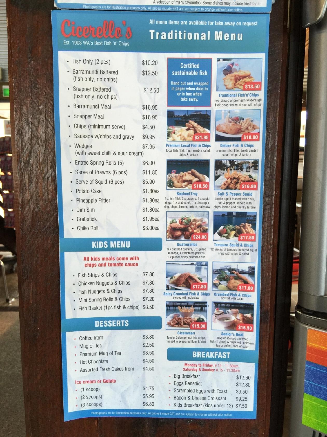 Menu at Cicerello's Mandurah restaurant, Mandurah