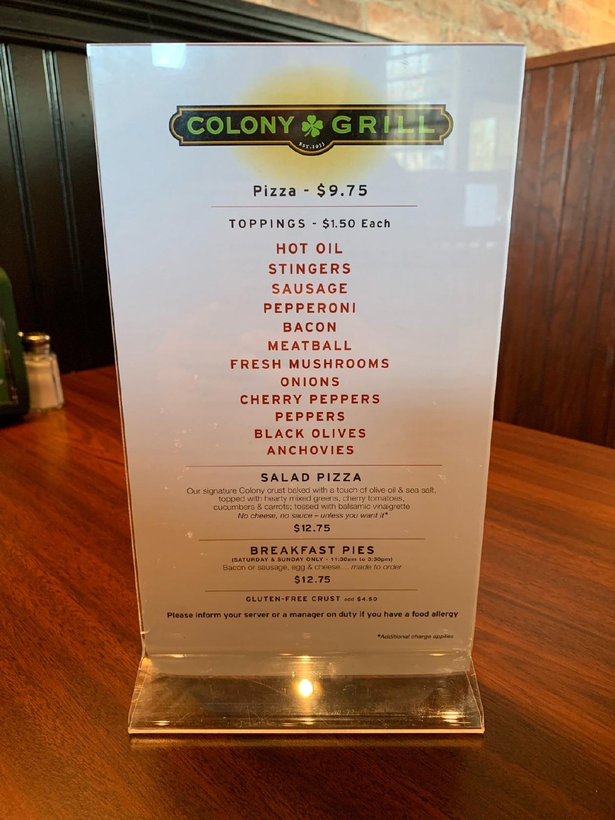 Menu at Colony Grill pizzeria, Port Chester