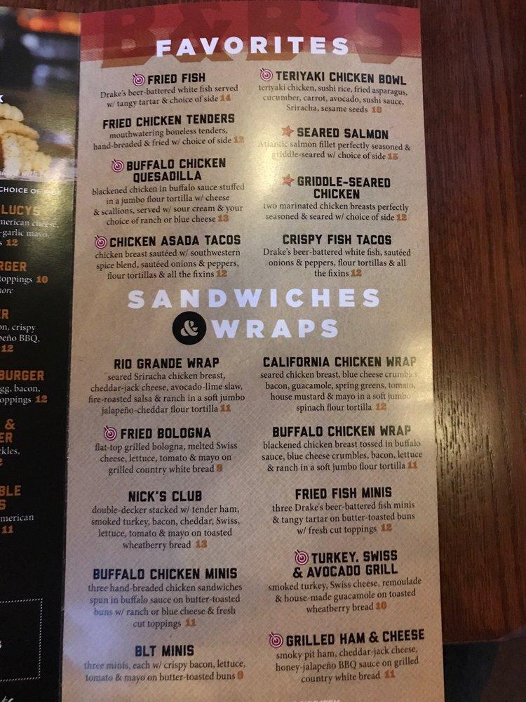 Menu at Drake's Chattanooga restaurant, Chattanooga