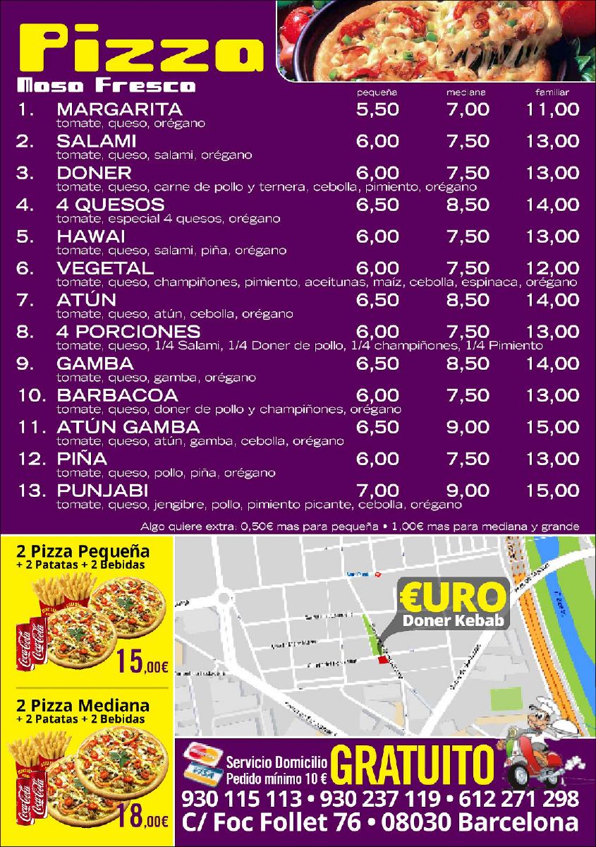 Carta del restaurante Euro kebab BON PASTOR, Barcelona, Carrer del Foc ...