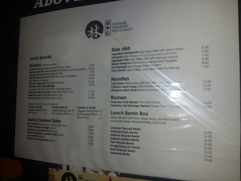 Menu at Hayashi Japanese Restaurant, Applecross