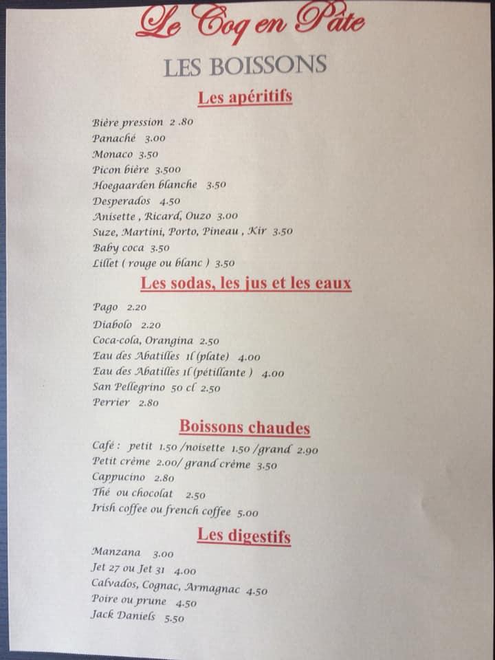 Menu au Le Coq En Pâte restaurant, Pessac