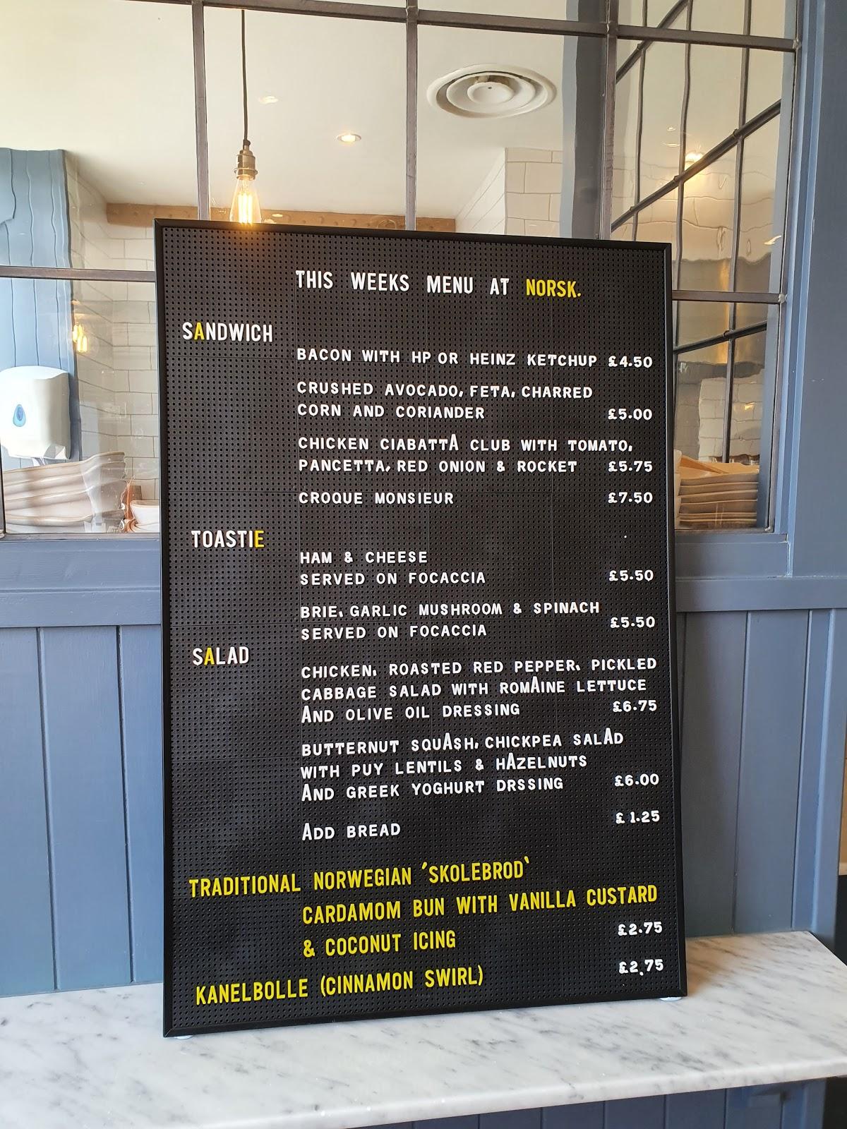 Menu at Norsk cafe, Waddesdon
