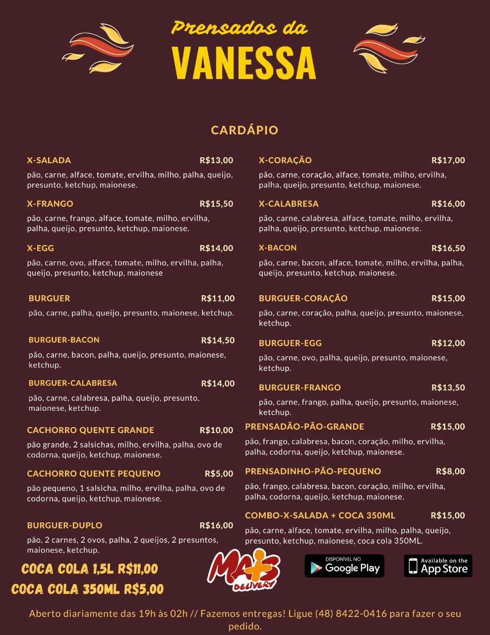 Menu at Prensados da Vanessa, Imbituba