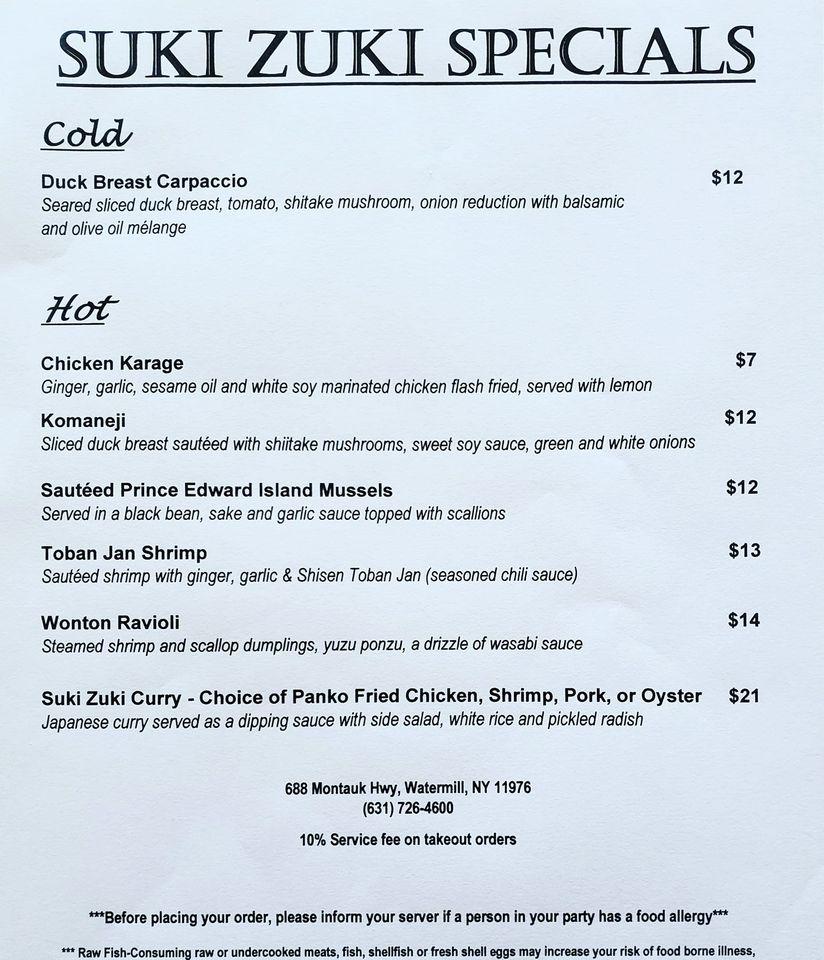 Menu at Suki Zuki restaurant, Water Mill