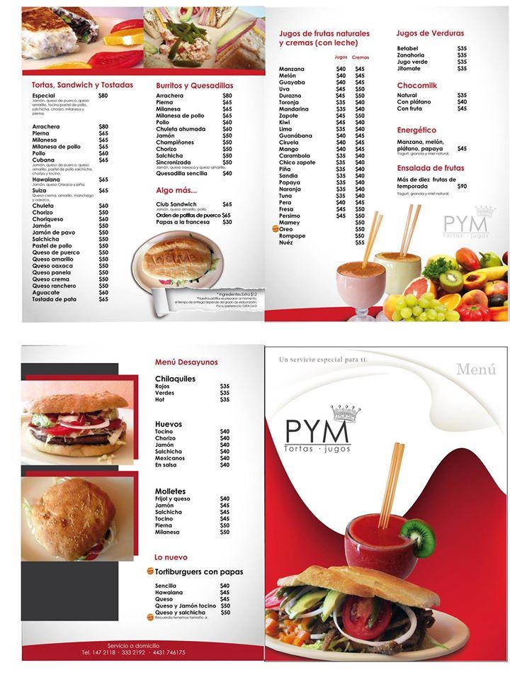 Menu at Tortas PYM restaurant, Morelia