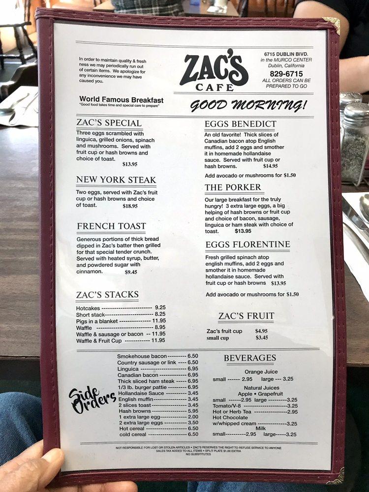Menu at Zac's Cafe, Dublin