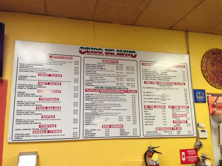 Menu at Cinco de Mayo restaurant, Martinez, Pacheco Blvd