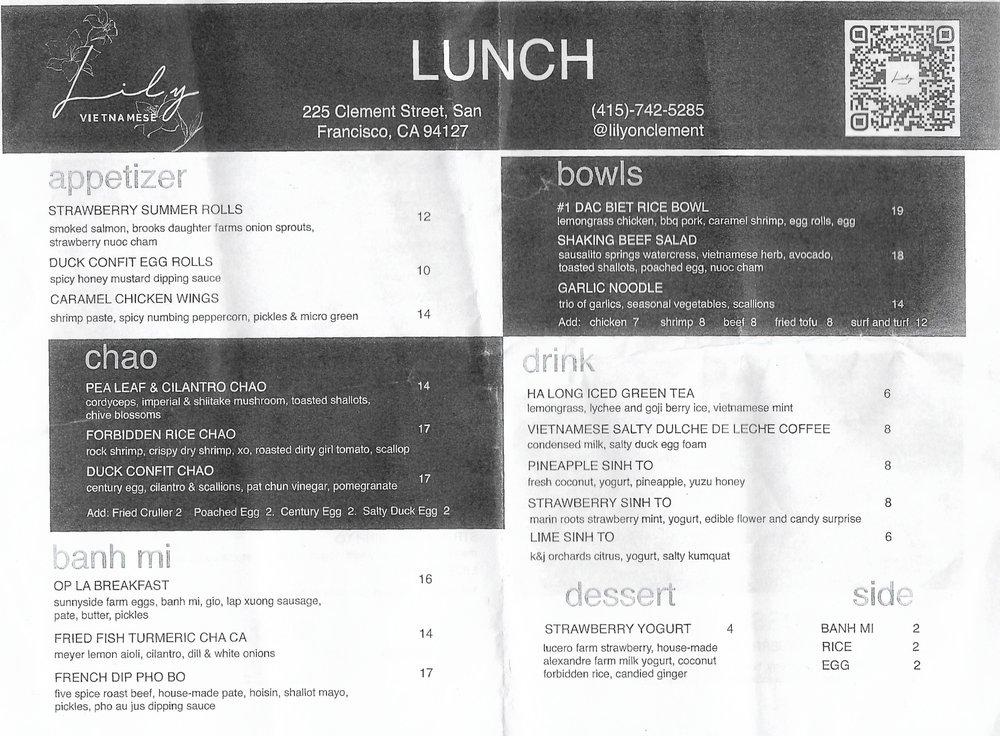Menu at Lily restaurant, San Francisco